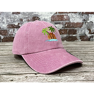 Hepandy Embroidered Palm Tree Hat for Women, Washed Pink Baseball Cap Snapback Hat for Girls, Outdoor Travel Denim Dad Hat Trucker Hat
