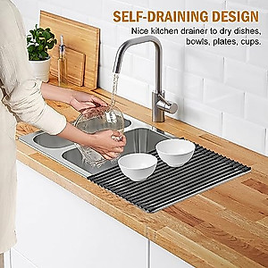 LEMIKKLE Roll Up Dish Drying Rack 17" x 13", Over The Sink Dish Drainer Rack, Foldable Sink Drying Rack, Anti-Slip Silicone Wrapped Dish Drainer for Kitchen Counter (Black 17" x 13")