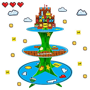 Super Brother Cupcake Stand Video Games Birthday Theme Party Supplies for Kids Birthday Cake Cupcake Decoration 3 Tier Cardboard Service Trays
