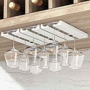 Riipoo Wine Glass Holder Under Shelf, Wine Glass Rack Under Cabinet, No Drill & Screws Stemware Rack for Bar Kitchen, 2-Pack, White