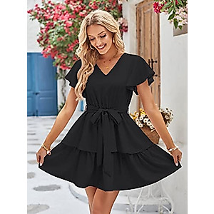 ZAFUL Womens Casual Short Sleeve Mini Dress V Neck Tie Waist Solid Tiered Ruffle Swing A-Line Dress (Black, M)
