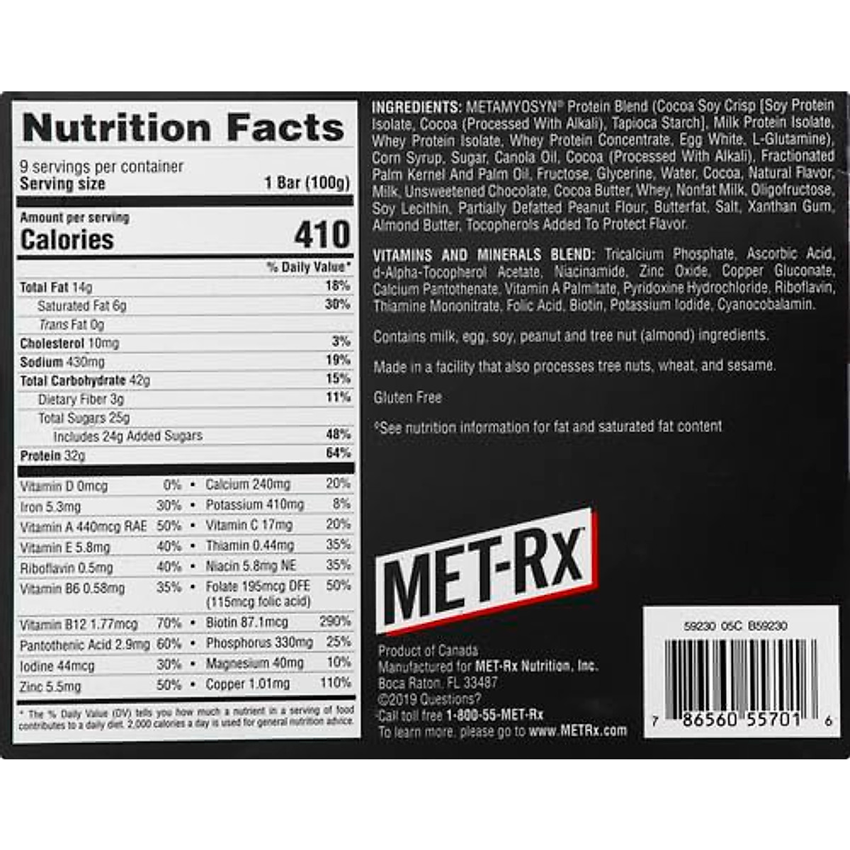 MET-Rx Big 100 Protein Bar, Meal Replacement Bar, 32G Protein, Super Cookie Crunch, 9 Bars (Pack of 1)