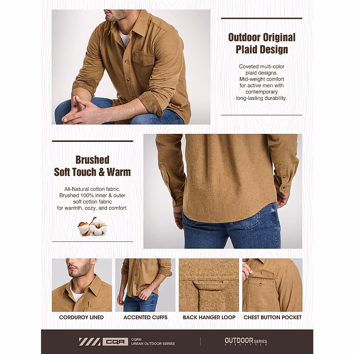 CQR Men's All Cotton Flannel Shirt, Long Sleeve Casual Button Down Plaid Shirt, Brushed Soft Outdoor Tactical Work Shirts, Solid Wheat Brown, X-Large