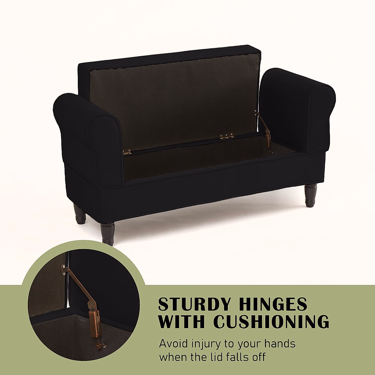 Merdoo Classics Storage Ottoman Bench with 2 Ottoman Foot Rest, Tufted End of Bed Storage Bench, Upholstered Bedroom Storage Bench, Rolled Arm Window Bench for Entryway Bedroom Living Room, Black…