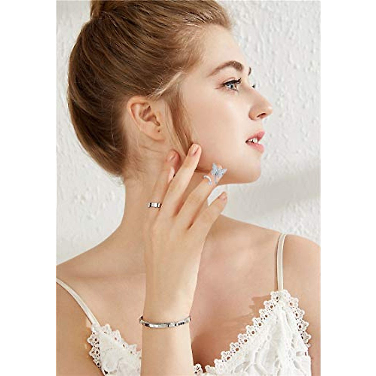 TOPGRILLZ 14K Gold Plated Iced out Butterfly Adjustable Finger Tip Ring for Women Novelty Fashion Jewelry (Rose Gold)