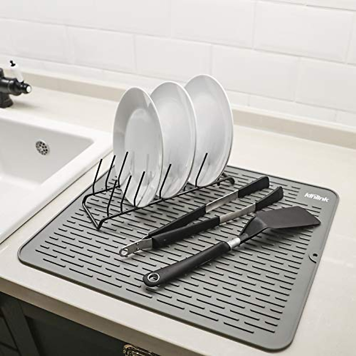 Kinlink Silicone Dish Drying Mats 2 Pack - 18x16 Large Dishwasher Safety Counter Pad for Faster Drying, Kitchen Dish / Dish Draining / Sink Mat, Heat Resistant Trivet, Grey