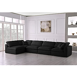 Meridian Furniture Plush Collection Contemporary Down Filled Cloud-Like Comfort Overstuffed Velvet Upholstered Modular L-Shaped Sectional, 5-Seater, Semi-Armless, Black