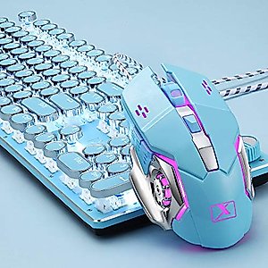 Wired Mechanical Gaming Keyboard and Mouse with Keyboard Wrist Rest,Retro Steampunk Typewriter Backlit Keyboard Blue Switch,Memory Foam Wrist Rest Pain Relief Gaming Mouse for Gamer,Typist(Blue)