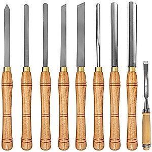 Mophorn Lathe Chisel 8 Piece Wood Lathe Chisel Cutting Carving HSS Steel Blades Wood Turning Tools Lathe Chisel Set Wooden Case for Storage for Wood Turning Hardwood One Free Chisel