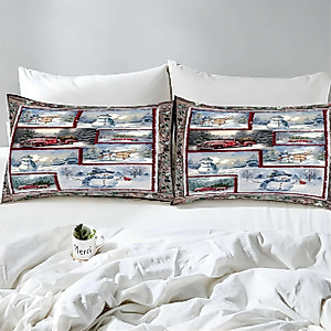 Snowman Bedding 4 Piece Set, King Size Happy New Year Geometric Patchwork Snowman Duvet Cover Set Winter Quilt Cover Christmas Theme Bed Sheet Set for Girls Boys Children Christmas Eve Bedding