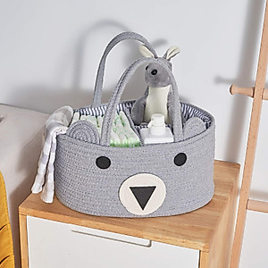 InfiBay Baby Diaper Caddy Organizer, Large Bear Cotton Rope Nursery Baby Shower Gifts, Changing Basket Table Baby Diaper Storage Portable Car Organizer, Baby Newborn Essentials-Gray