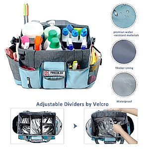 FRECOLSH Grey-Blue Cleaning Caddy, Oxford Polyester, Adjustable 5 Compartments, Padded Carry Handle, Waterproof Interior, Ideal for Housekeeping and Cleaning Supplies