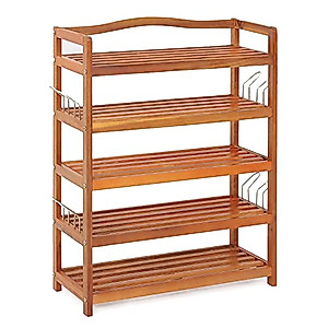 Giantex 5-Tier Shoe Rack, Acacia Wood Shoe Shelf with Side Metal Hooks, Holds up 12-18 Pairs, Shoe Organizer, Shoe Storage, Wooden Shoe Rack for Entryway, 25’’Lx10.5’’Wx32.5’’H