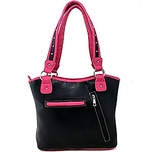 Justin West Western Rhinestone Cross Tote Purse Embroidery Floral Design Leather Concealed Carry Handbag (Black Hot Pink)