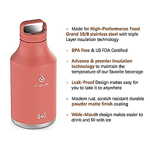 IDEUS Insulated Stainless Steel Water Bottle with 2 Leak-Proof Lids, Thermal Water Flask for Hiking Biking, 64oz, Red