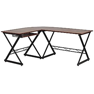 Flash Furniture Singleton Teakwood Laminate L-Shape Computer Desk with Pull-Out Keyboard Tray