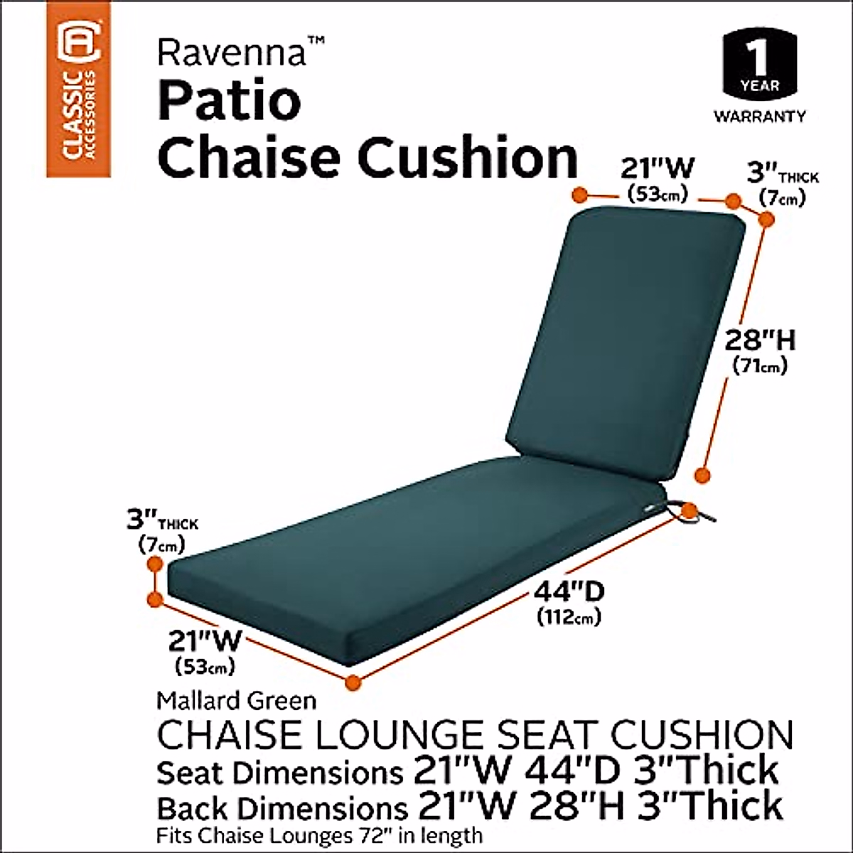 Classic Accessories Ravenna Water-Resistant 72 x 21 x 3 Inch Patio Chaise Lounge Cushion, Mallard Green, Patio Cushion