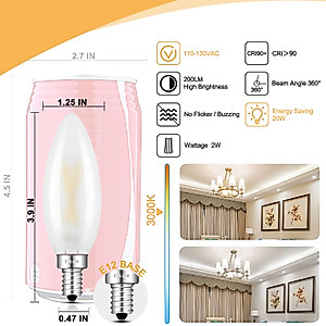CRLight LED Candelabra Bulb 25W Equivalent 250LM, 3000K Soft White 2W LED Chandelier Light Bulbs, E12 Vintage Edison B10 Frosted Glass Dimmable LED Candle Bulbs, 6 Pack