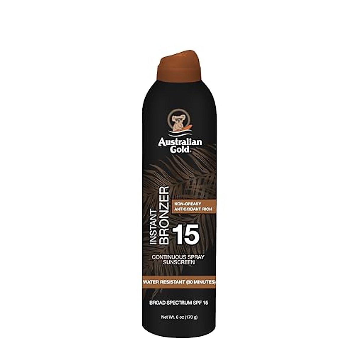 Australian Gold Continuous Spray Sunscreen with Instant Bronzer SPF 15, Immediate Glow & Dries Fast, Broad Spectrum, Water Resistant, Non-Greasy, Vegan and PETA Approved, Cocoa Dreams Scent, 6 Ounce