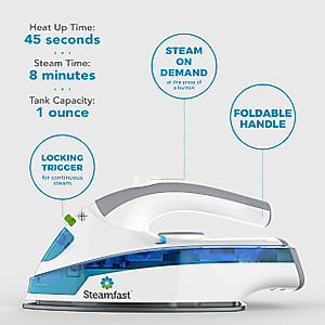 Steamfast SF-710 Mini Steam Iron, Non-Stick Sole Plate, Foldable Handle, Cord Storage, White