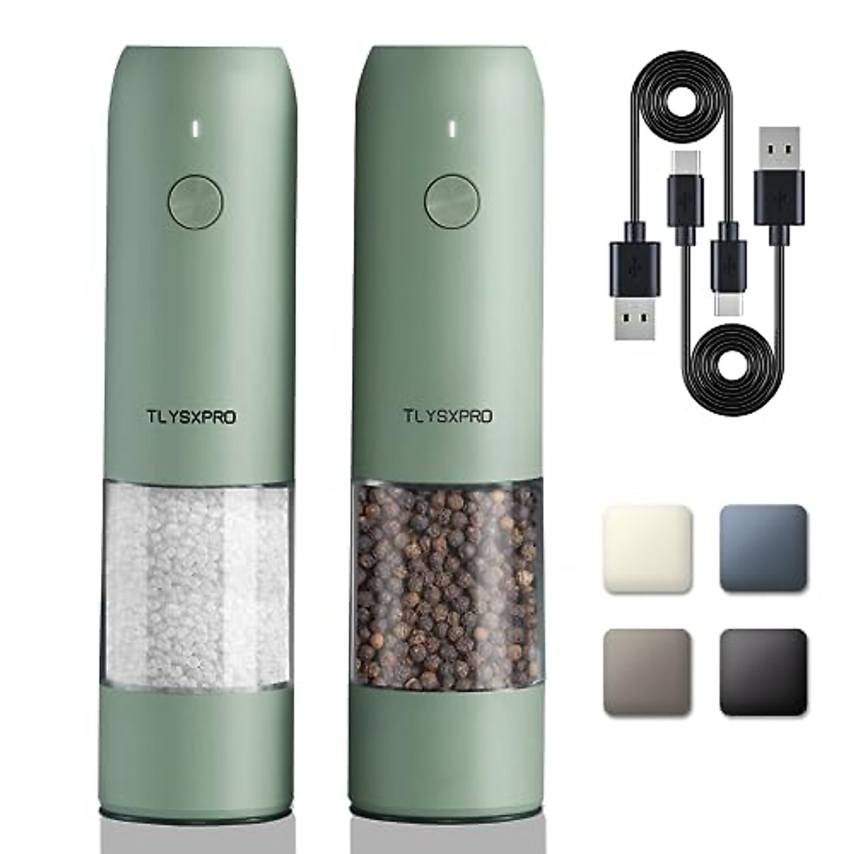 Electric Salt and Pepper Grinder Set, USB Rechargeable, Automatic Salt and Pepper Mill Grinder with Adjustable Coarseness, Electric Salt Shakers, LED Light, Refillable, Kitchen Gadgets (2 Packs, Sage)