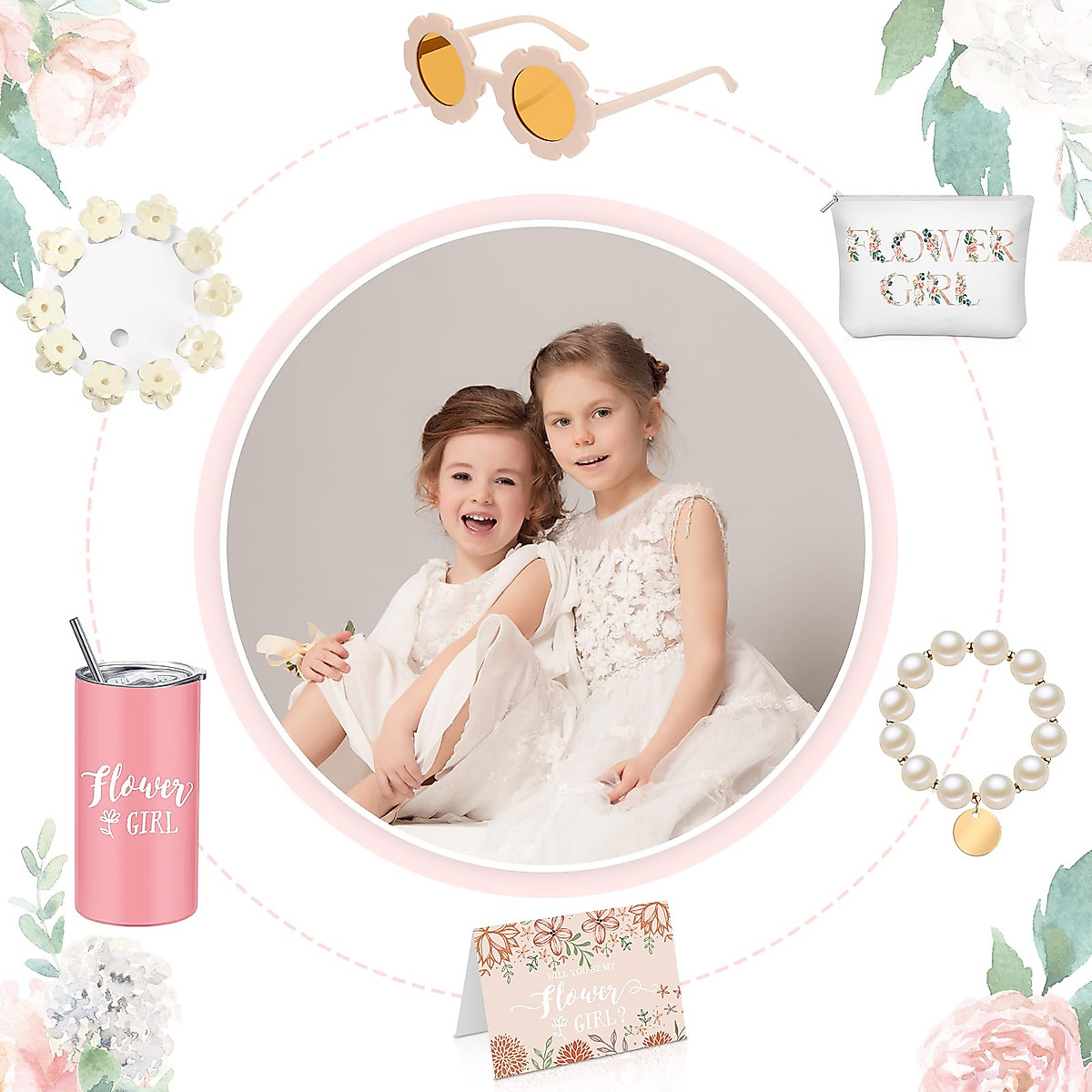 Inbagi 12 Pcs Flower Girl Set Including Flower Girl Tumbler Round Flower Sunglasses Canvas Bag Will You Be My Flower Girl Proposal Card Bracelet Hair Clip for Wedding Engagement Bridal Party(Pink)
