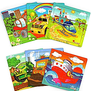 Vileafy 6 Pack Easy Small Travel Puzzles for Kids Ages 3-5 Years Old, Children Cars Wooden Puzzles 16 Piece, Early Educational Toys & Gifts for Boys and Girls
