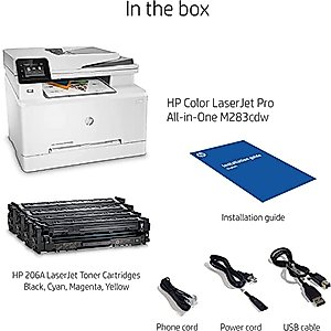 HP Color Laserjet Pro MFP M283cdw Wireless All-in-One Laser Printer, Auto Duplex Printing - Remote Mobile Print Scan Copy Fax - 50-Sheet ADF - 22ppm 600x600dpi 8.5x14, Ethernet, Cbmoun Printer_Cable
