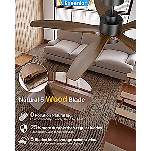 Ensenior 52” Ceiling Fan with Light Remote Control, 5CCT selectable, Dimmable, 1000 Lumens, 15W LED, 5 Wood Blades and Reversible DC Motor, for Bedroom and Living Room, Black, (338)