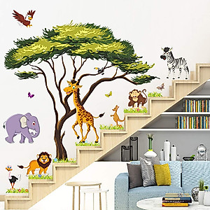 RW-1074 Cartoon Jungle Animal Wall Decals 3D Large Green Tree Wall Stickers DIY Removable Giraffe Lion Elephant Grass Wall Art Decor for Kids Baby Bedroom Living Room Nursery Playroom Home Decoration