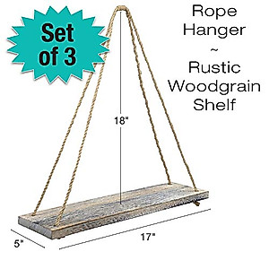 EXCELLO GLOBAL PRODUCTS Rustic Distressed Wood Hanging Shelves: 17-Inch with Swing Rope Floating Shelves (Whitewashed - Pack of 3)