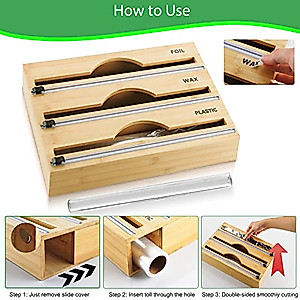 3 in 1 Wrap Dispenser with Cutter and Labels,Foil and Plastic Wrap Organizer for Kitchen, Storage Organizer for Aluminum Foil and Wax Paper,Wall Mount Bamboo Roll Organizer Holder，Send Slide Knife