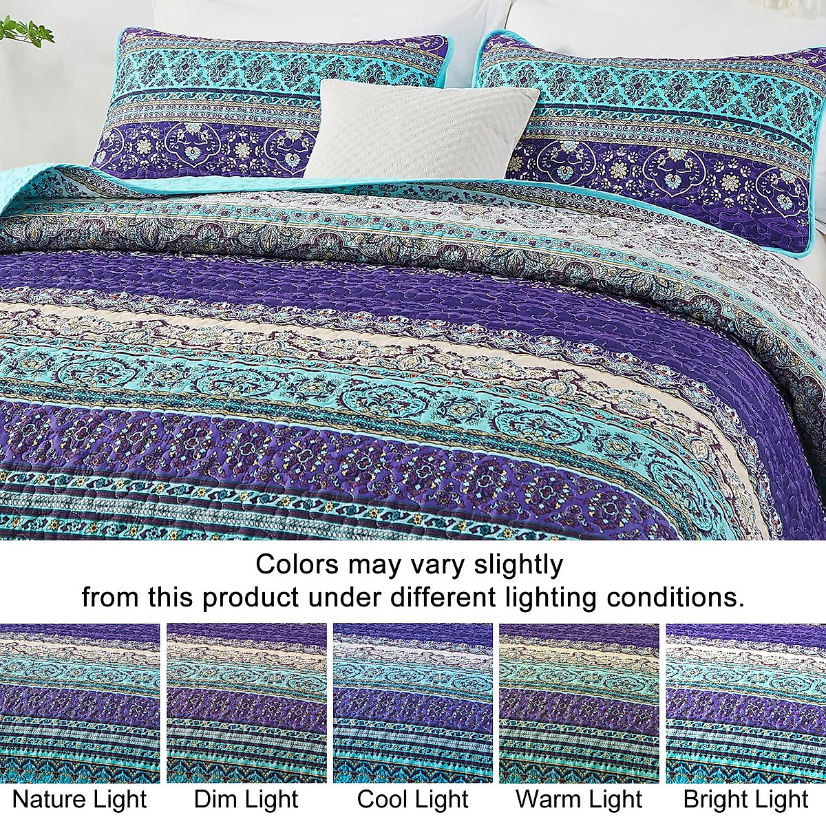 WONGS BEDDING Boho Quilt King Size, Blue Purple Bohemian King Quilt, Lightweight Microfiber Bed Decor Bedspread for All Season 103"x90"(3 Pieces)