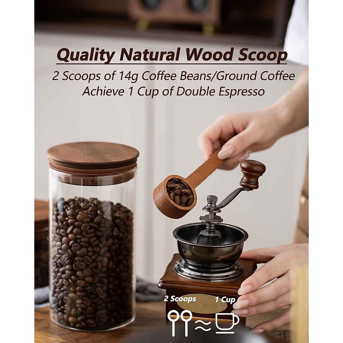 BOILMERIT 37 oz Coffee Canister with Scoop and Wooden Lids, Airtight Coffee Storage Container Sets of 2 for Ground Coffee, Glass Coffee Jars for Coffee Beans, Coffee Bar Organizer, Kitchen Countertop