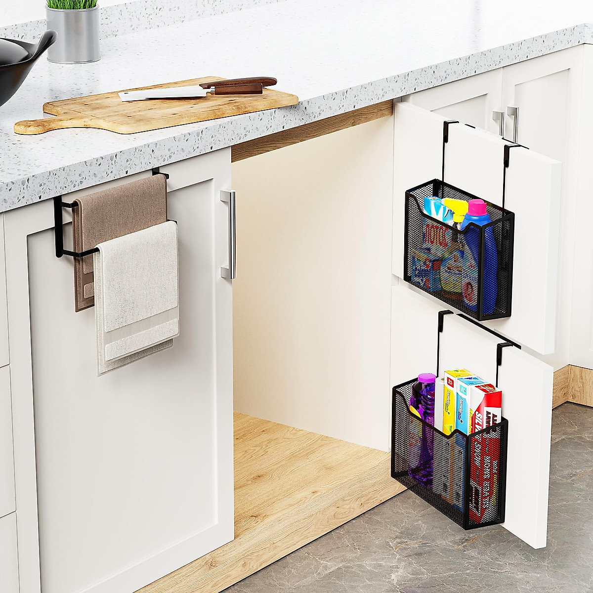 2 Pack Cabinet Door Organizer with Double Towel Bars Over The Cabinet Door Organizer Kitchen Cabinet Organizers and Storage Cutting Board Holder Suitable for Cabinet Doors Less Than 0.98 Inch Thick