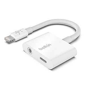 Belkin Lightning to 3.5mm Audio Cable + Audio Charger Splitter, 2 in 1 Aux Headphone Adapter and Charger Dongle, Compatible with iPhone 13, 12, 11, X - White