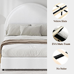REVOMINCA Queen Bed Frame, Boucle Upholstered Bed Frame with Headboard, Modern Style, Soft Arch Shaped Round Headboard, No Box Spring Required, Easy Assembly, White