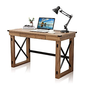 Sports Festival 47.5" Writing Computer Desk Industrial Style Large Home Office Desk with Pull-Out Keyboard Tray and Black Metal Wooden Laptop Table for Work Study