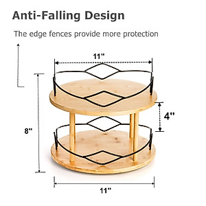 Yopay Lazy Susan Organizer 2 Tier, Bamboo Rotating Spice Rack for Kitchen Countertop Cabinet, Spinning Makeup Turntable Organizer with Steel Side for Vanity, Dining Table, Pantry, Condiments, 11 Inch