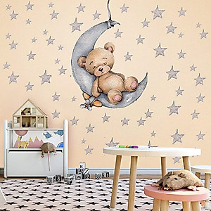 DEKOSH Moon & Stars Nursery Wall Decal with Sleepy Bear for Baby Nursery Decor