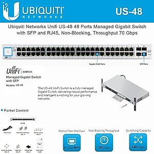 Ubiquiti Network Unifi US-48 48 Ports Managed Gigabit Switch with SFP and RJ45, Non-Blocking, Throughput 70 Gbps