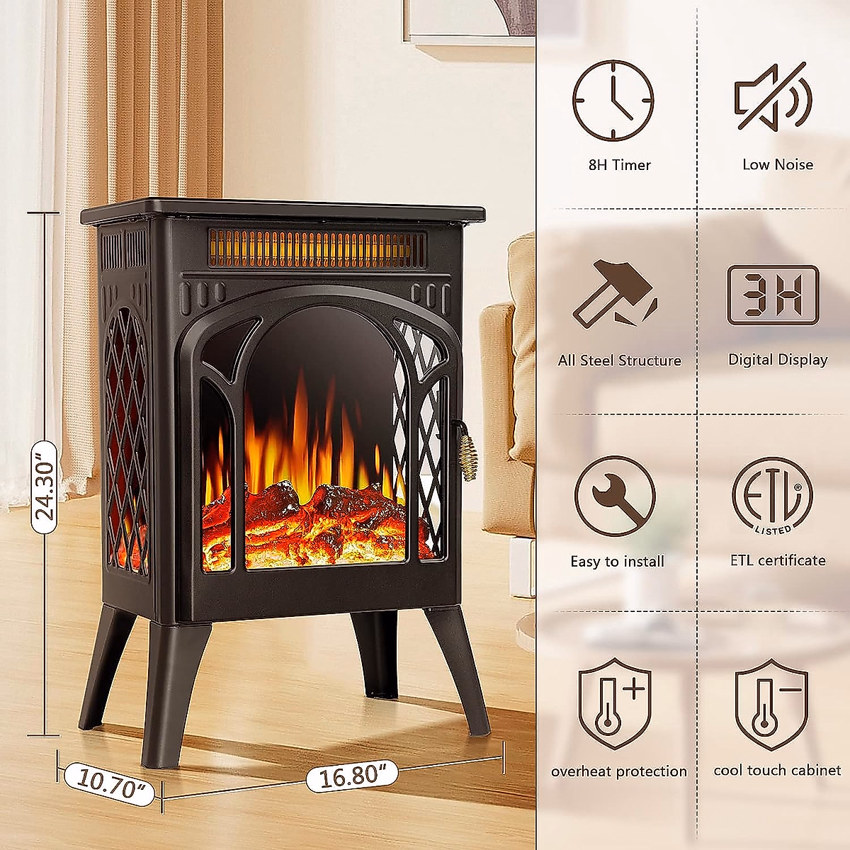 Antarctic Star 16 Inch Electric Fireplace, Freestanding Fireplace Stove with 3D Flame Effect, Small Electric Fireplace Heaters for Indoor Use with Remote, Temperature Adjustment, ETL Certified, Black…