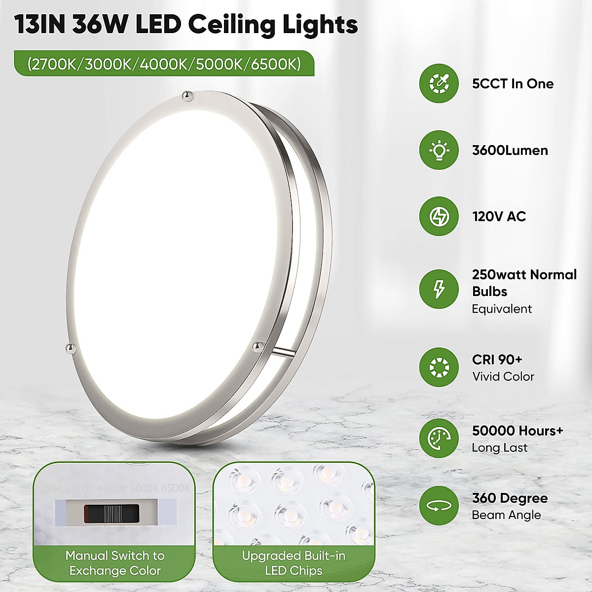 36W LED Ceiling Lights for Bedroom Kitchen, 3600lm Super Bright, Dimmable Flush Mount Light Fixtures 6500K/5000K/4000K/3000K/2700K Adjusted Modern Lamps 2PACK, 13 Inch, Nickle