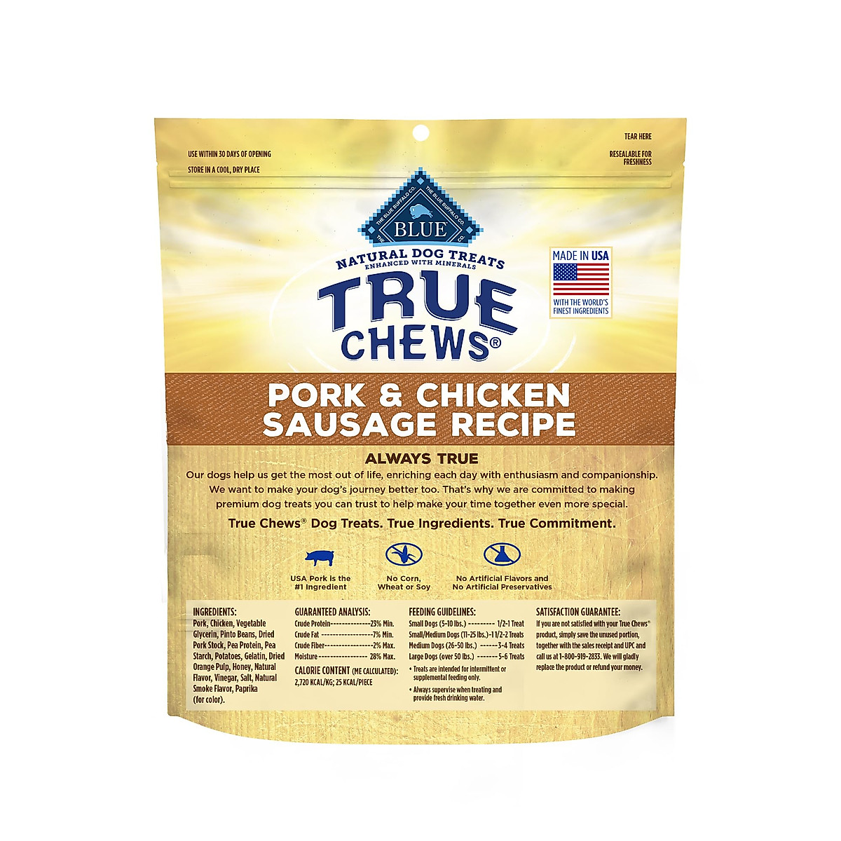 Blue Buffalo True Chews Dog Treats, Made in the USA with Natural Ingredients, Pork and Chicken Sausage Recipe, 14-oz Bag