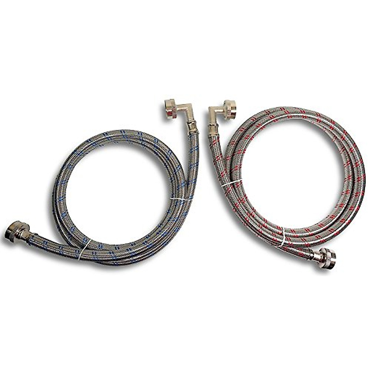 Premium Stainless Steel Washing Machine Hoses with 90 Degree Elbow, 6 Ft Burst Proof (2 Pack) Red and Blue Striped Water Connection Inlet Supply Lines