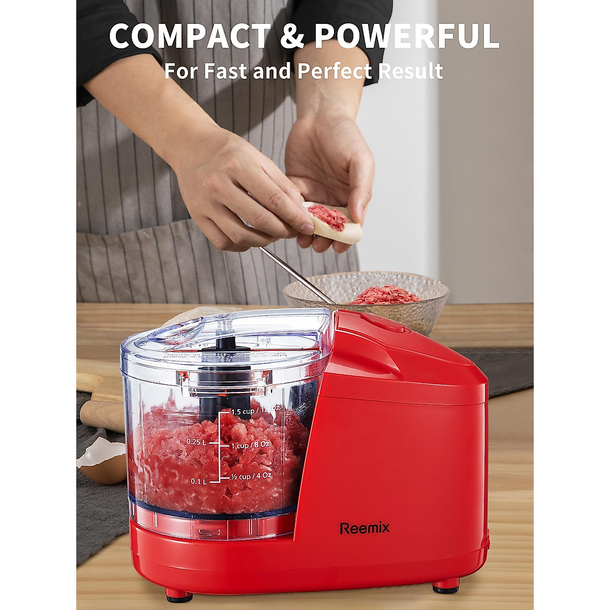 1.5-Cup One-Touch Electric Food Chopper, 100W Mini Food Processor Meat Grinder, Mix, Chop, Mince and Blend Vegetables, Fruits, Nuts, Meats, Stainless Steel Blade (Red)