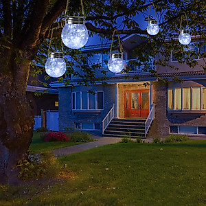 2 Pack Hanging Outdoor Solar Lights, 30 LED Outdoor Decorative Crackle Mason Jar Glass Lamp, Waterproof Solar Lanterns with Handle for Garden, Yard, Porch, Tree, Tabletop Decorations (White)