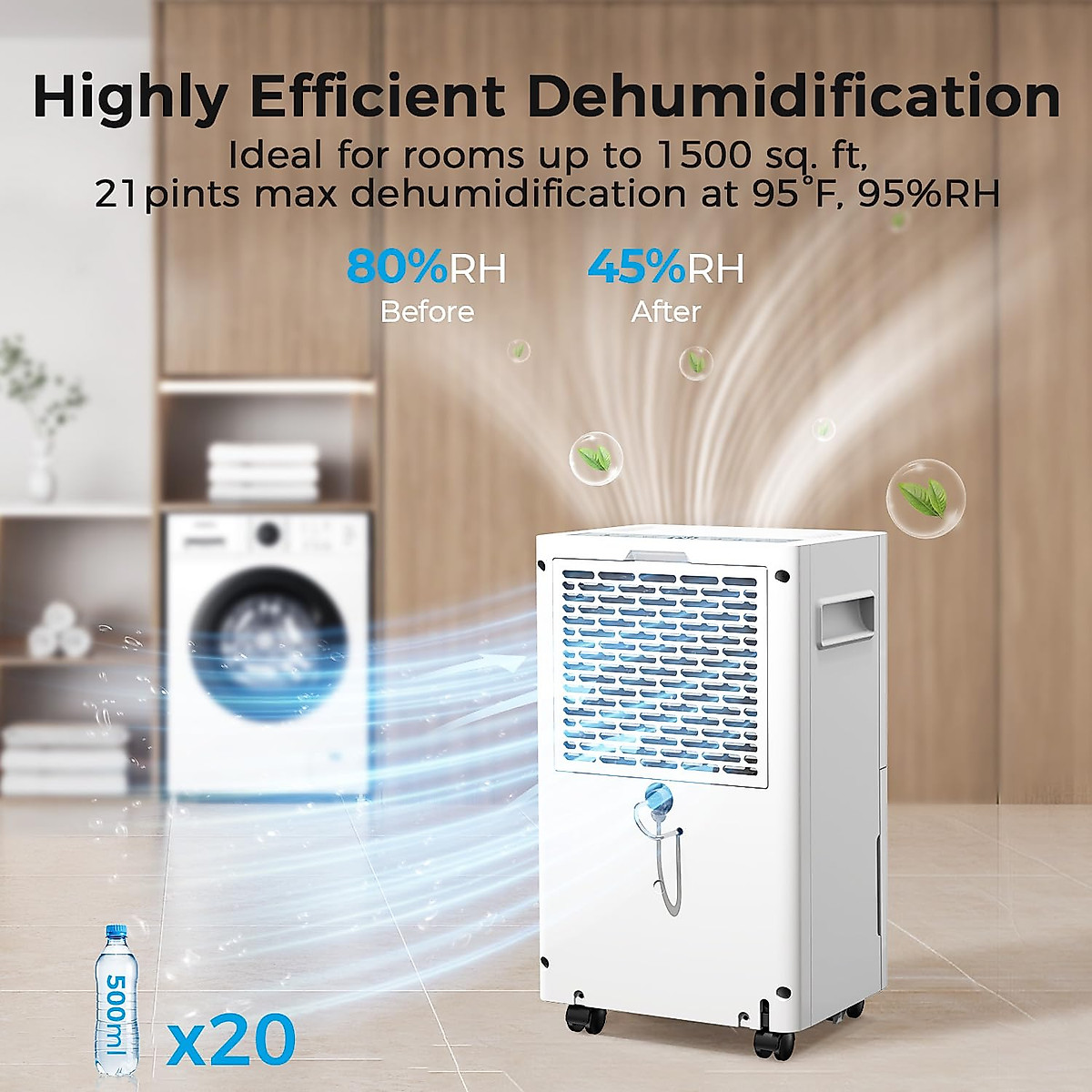 1500 Sq.ft Dehumidifier for Basement, SEAVON 21 Pint Dehumidifiers with Drain Hose for Home Large Room Bedroom Bathroom, Powerful Moisture Removal, Smart Humidity Control & Display, 24H Timer, 3 Modes