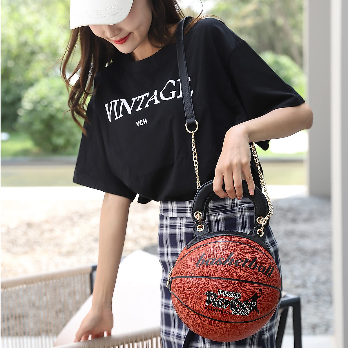 Basketball Ball Shaped Round Shoulder Bag handbag Messenger Crossbody bag Chain Diagonal Pack Bag for Women Girls (Basketball-Brown)