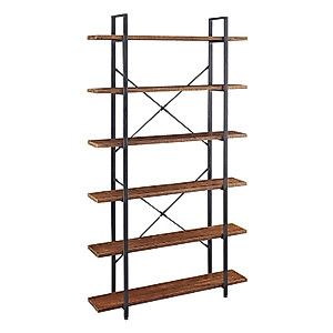 HSH Solid Wood Bookshelf, 6 Tier Tall Industrial Etagere Bookcase and Storage Shelves Heavy Duty, Rustic Large Open Vertical Metal Natural Real Wood Book Shelf for Bedroom Living Room Distressed Brown